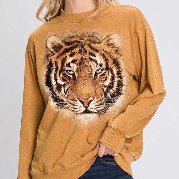 HRT&LUV | Tops | Mineral Mustard Hrtluv Tiger Face Graphic Sweatshirt ...